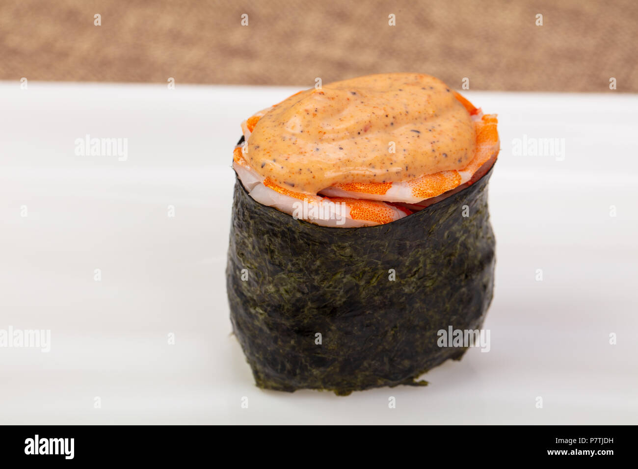 Spicy gunkan sushi with sauce Stock Photo - Alamy