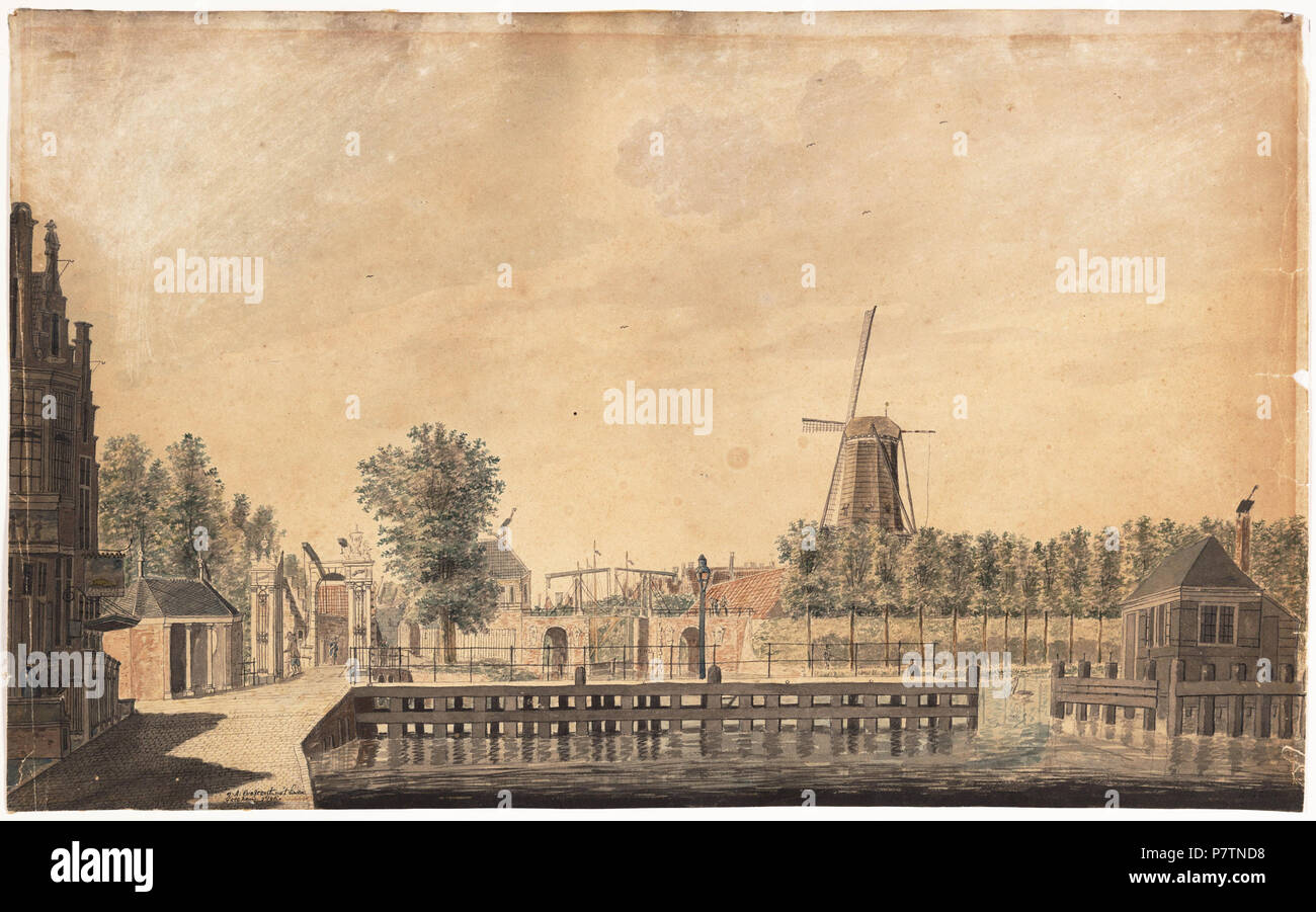 De Boompoort met Hoge Brug, runmolen, steiger en sassershuisje. Links ...