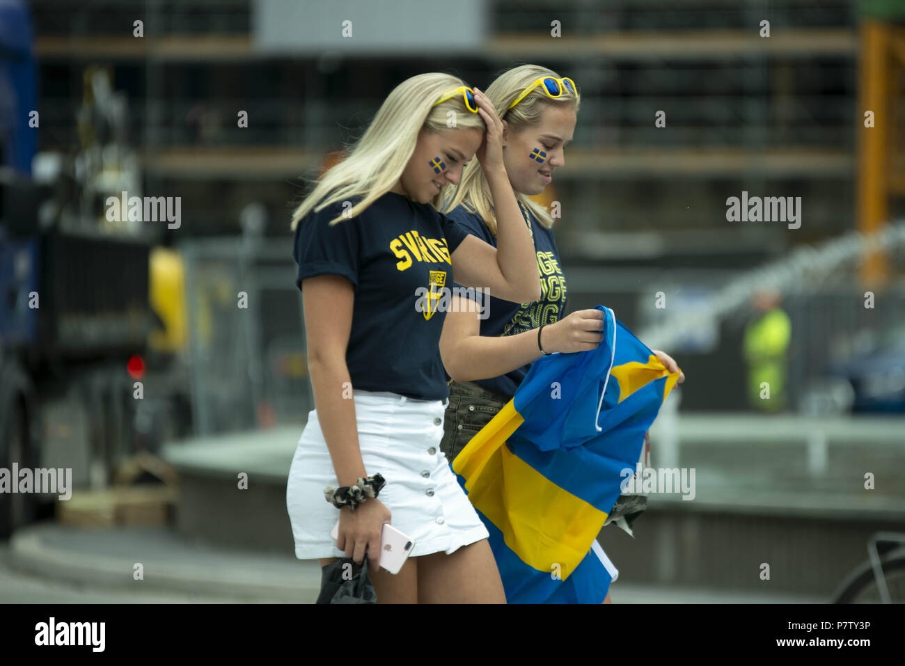 Stockholm, Sweden. 7th July, 2018. Swedish fans followed the match with ...