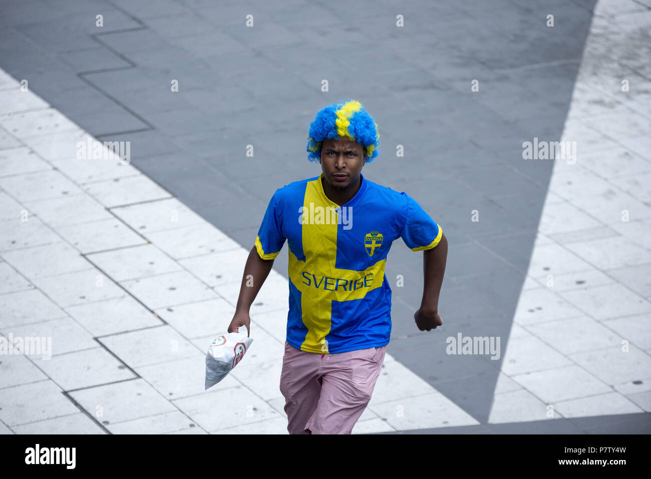 Stockholm, Sweden. 7th July, 2018. Swedish fans followed the match with ...