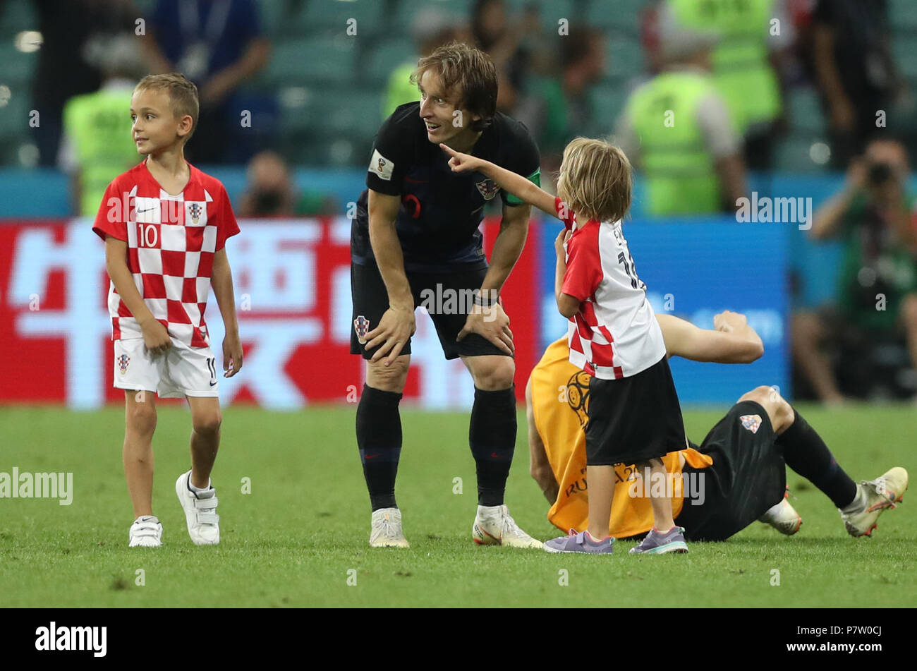 Sochi, Russia. 7th July, 2018. Luka Modric (C) of Croatia celebrates ...
