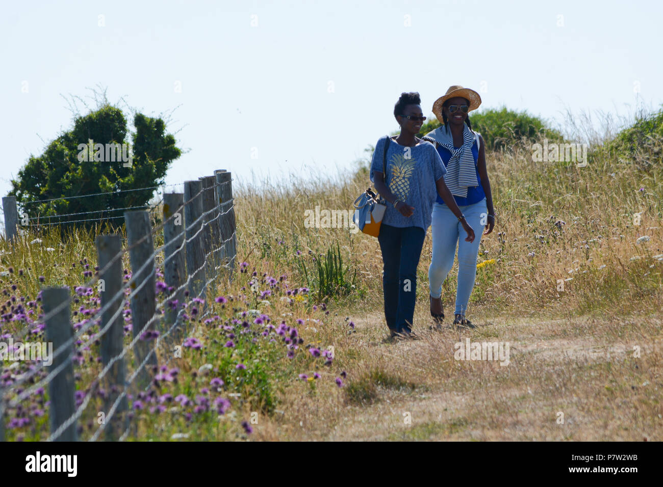 Culver Down, UK. 07th July, 2018. Tourists and locals gather on the top ...