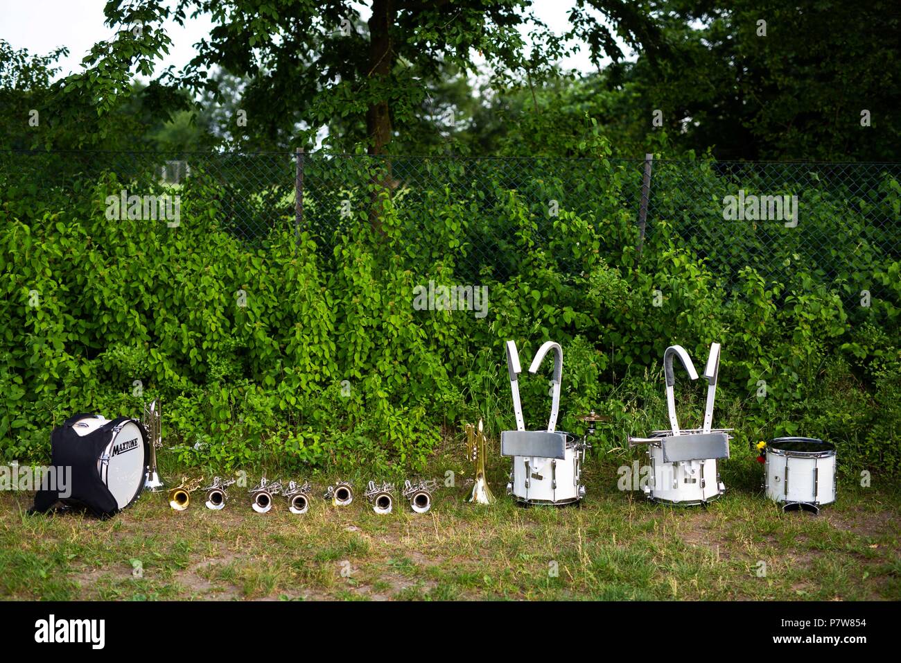 03 June 2018, Garßen, Germany: Instruments of a marching band stand in ...