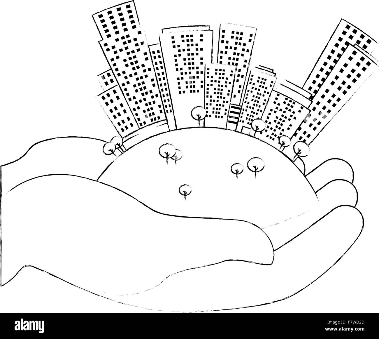 hands lifting half world with buildings Stock Vector Image & Art - Alamy