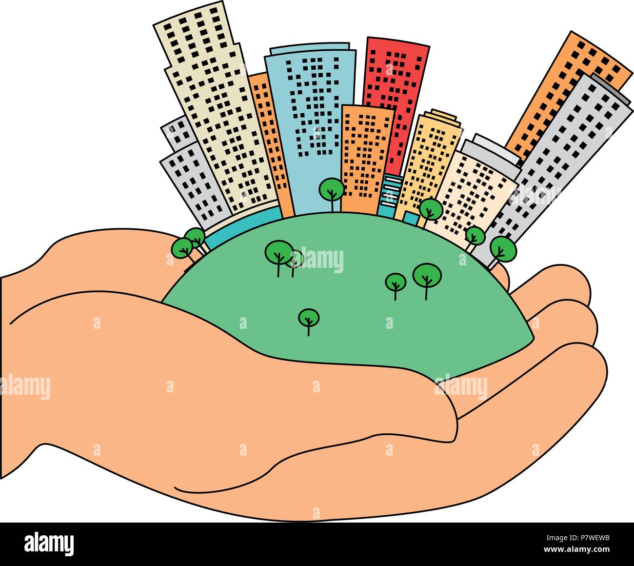hands lifting half world with buildings Stock Vector Image & Art - Alamy