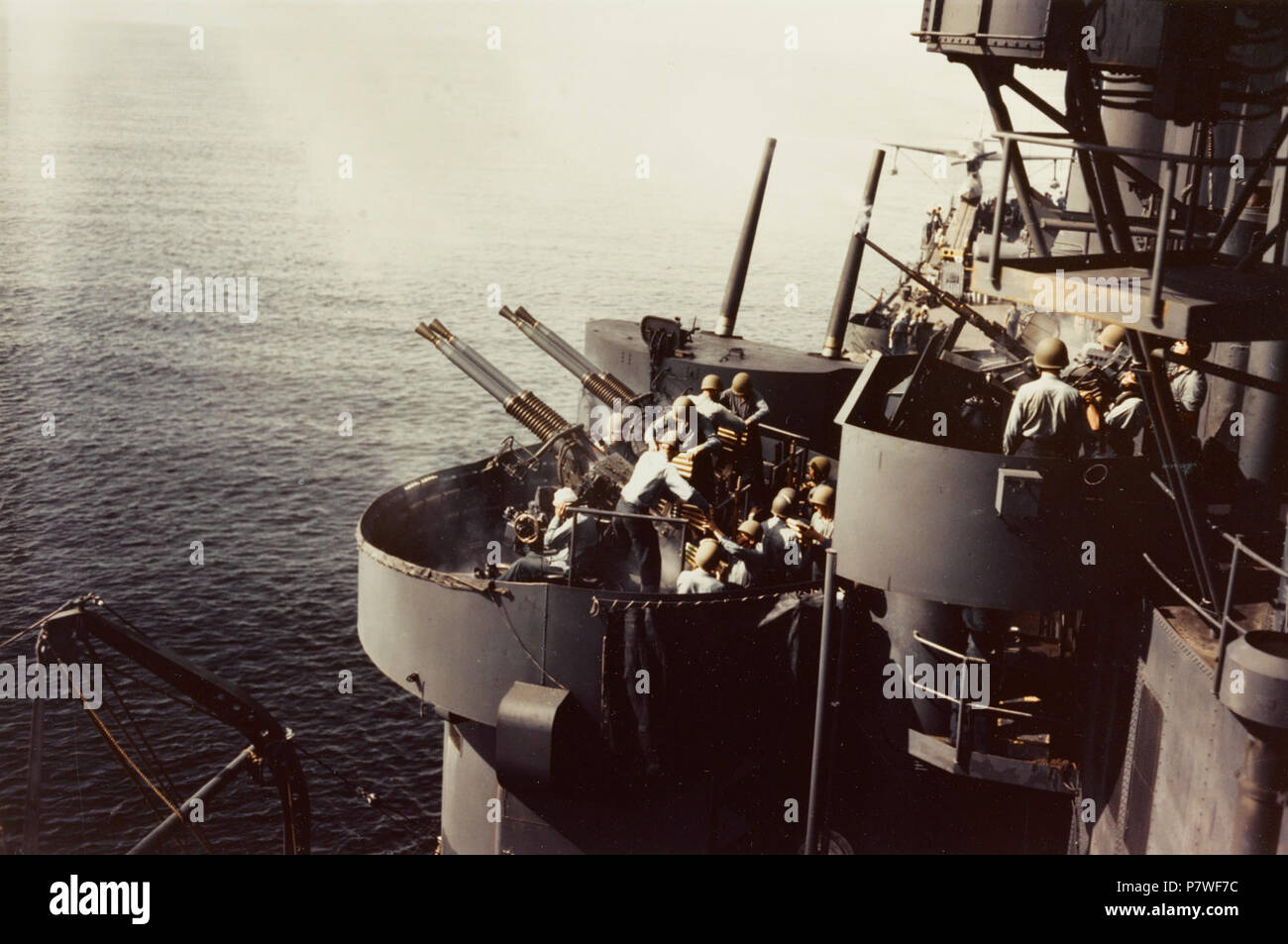 40mm and 20 mm guns firing on USS Biloxi (CL-80) in October 1943 Stock ...