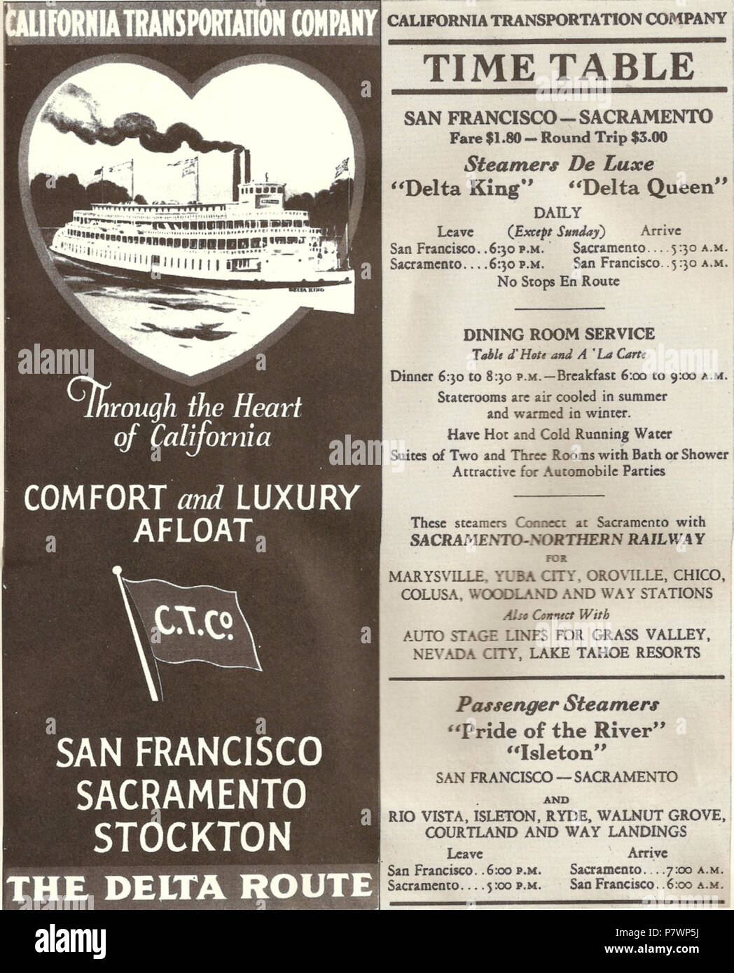 English: Original timetable of the Delta King and Delta Queen, front ...