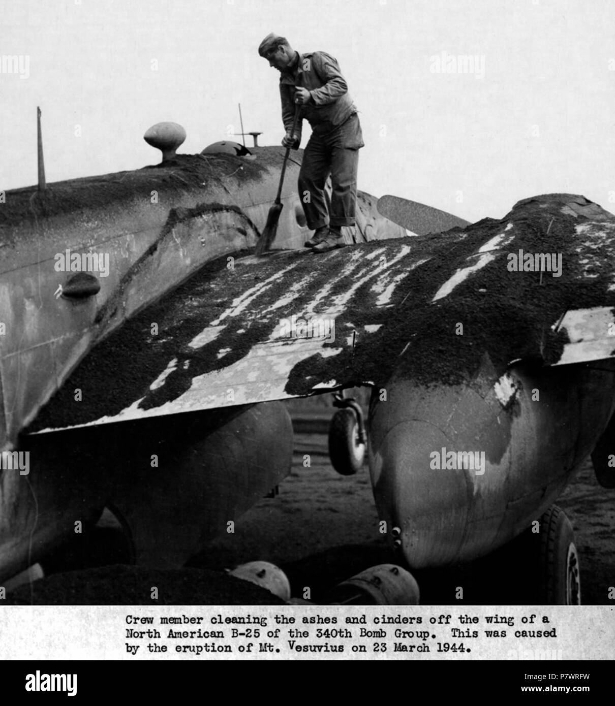 340th Bombardment Group B-25 Mitchell covered with ash from Mount ...