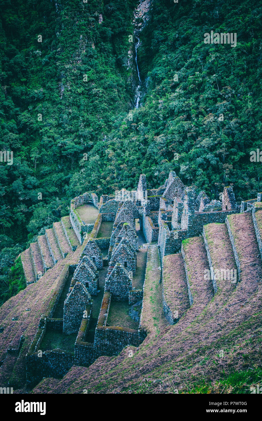 Inca Trail sightseen of an ancient stone ruin town with agriculture ...