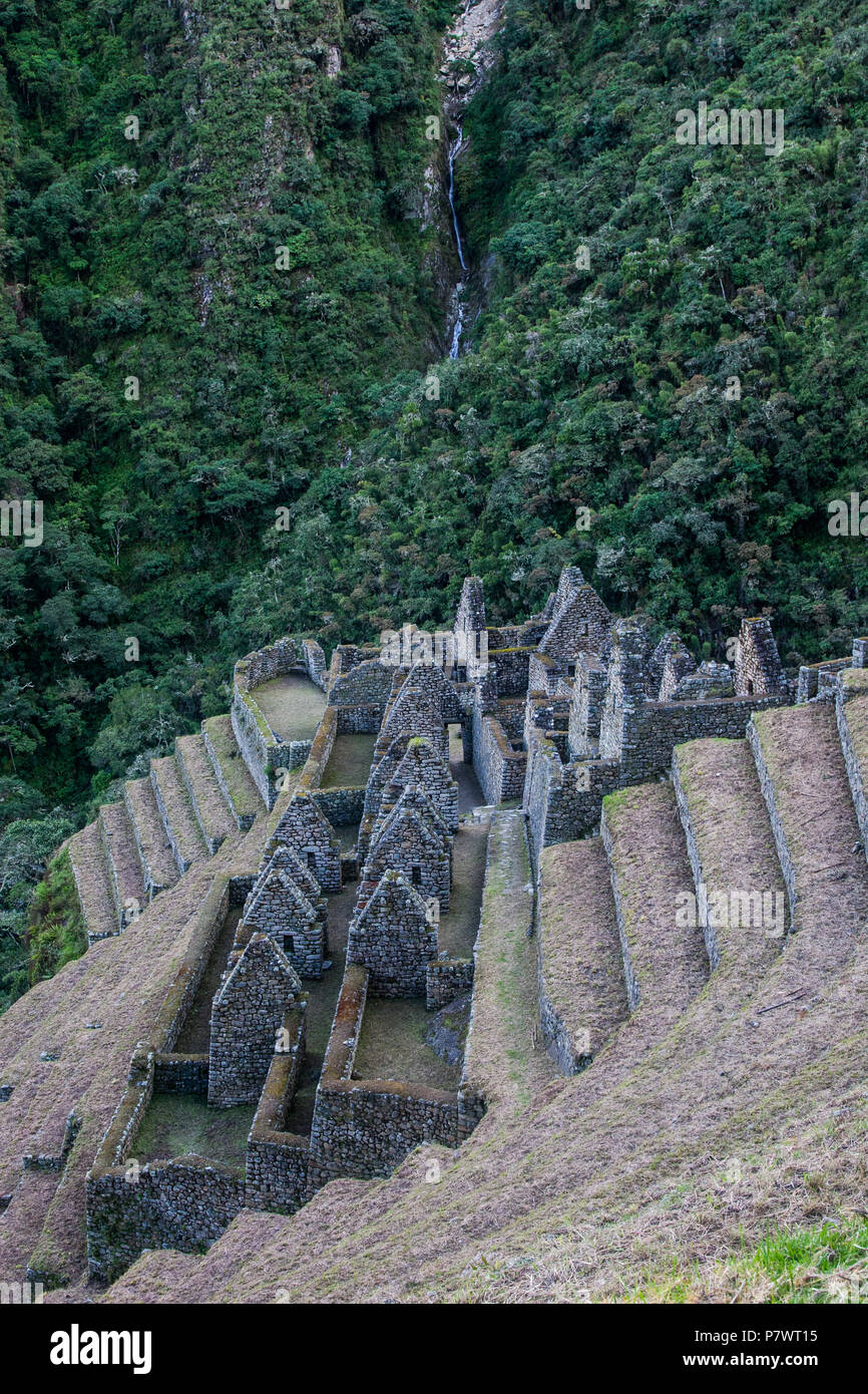 Inca Trail sightseen of an ancient stone ruin town with agriculture ...
