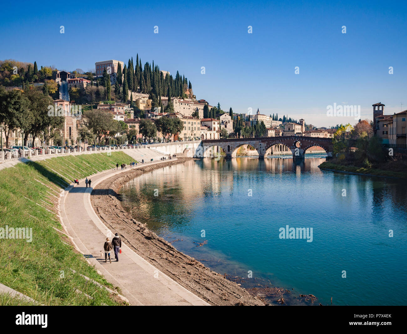 Bend of the Adige river that crosses Verona and view of the stone ...