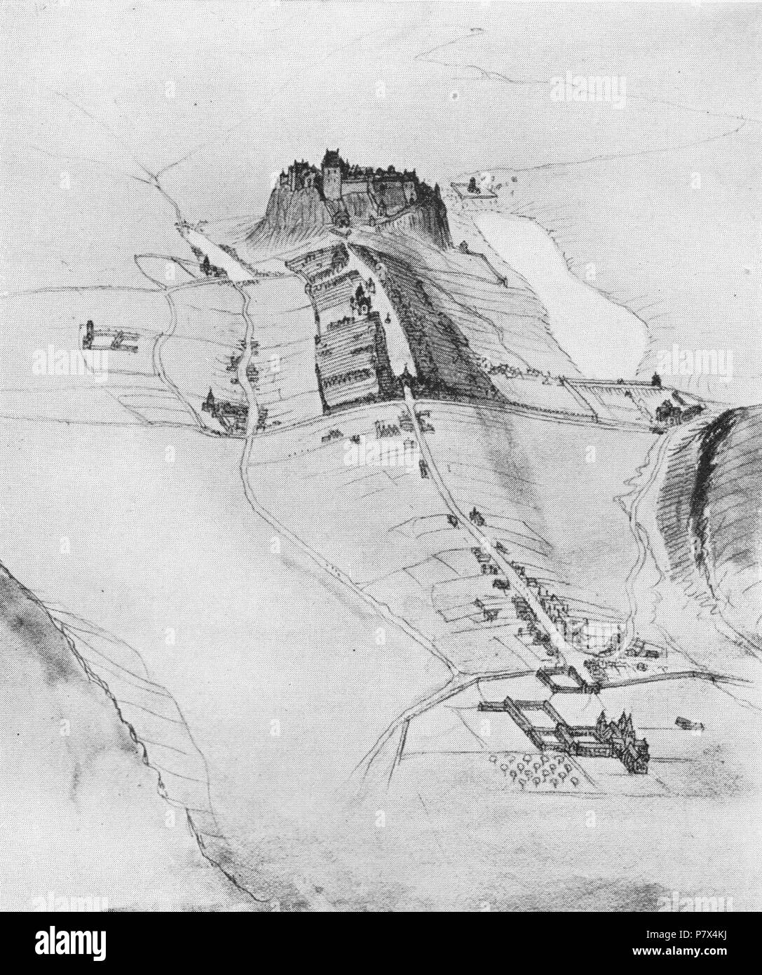English: An artist's reconstruction drawing of the burgh in the 15th ...