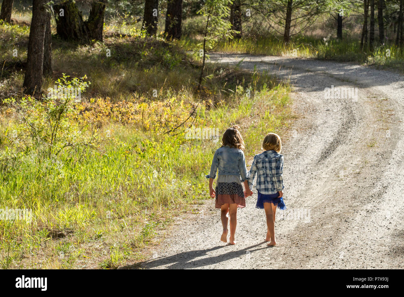 Attactive pair of preteen girls, holding hands, walking away from ...