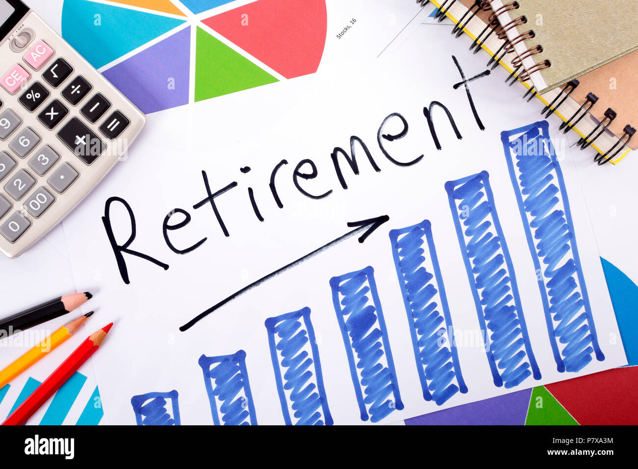 The word Retirement written on a hand drawn bar chart surrounded by ...