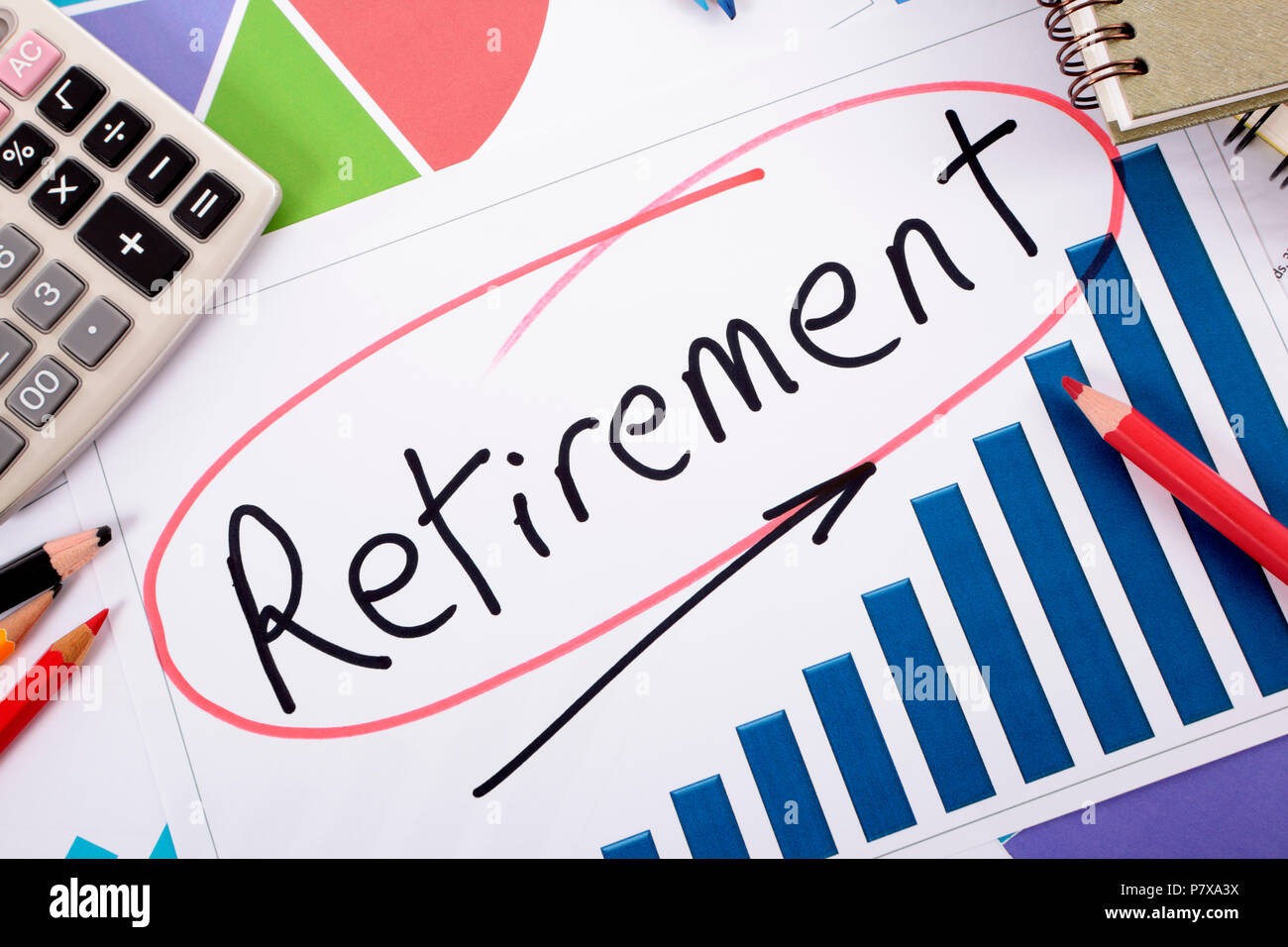 The word Retirement written on a bar graph surrounded by pencils, books ...