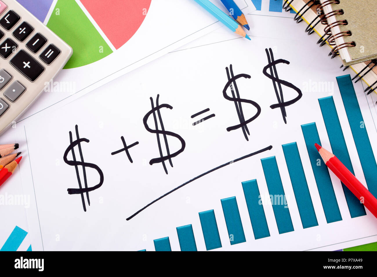 Simple savings or retirement formula on bar graph surrounded by ...