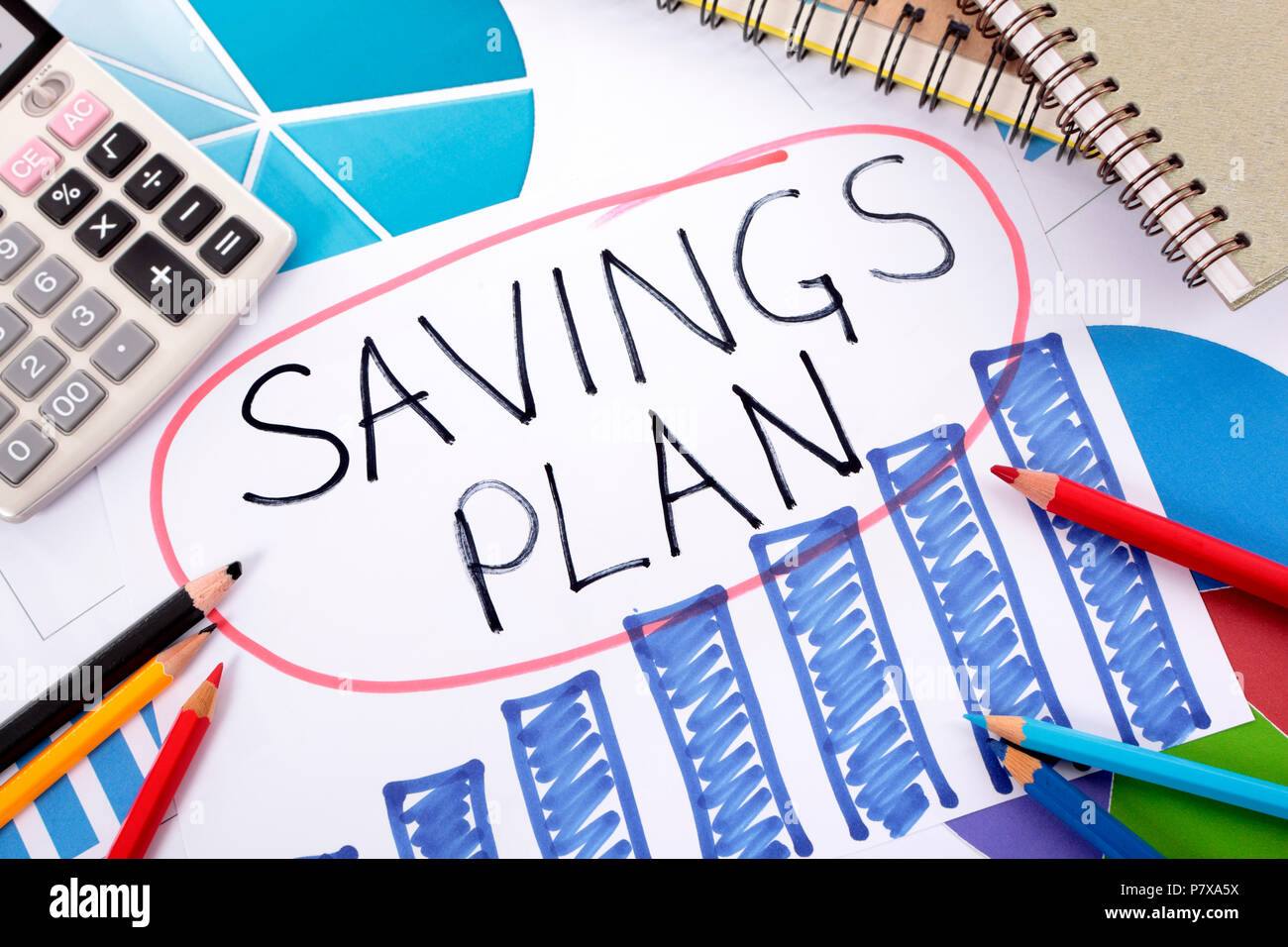 The words Savings Plan written on a hand drawn bar chart surrounded by ...