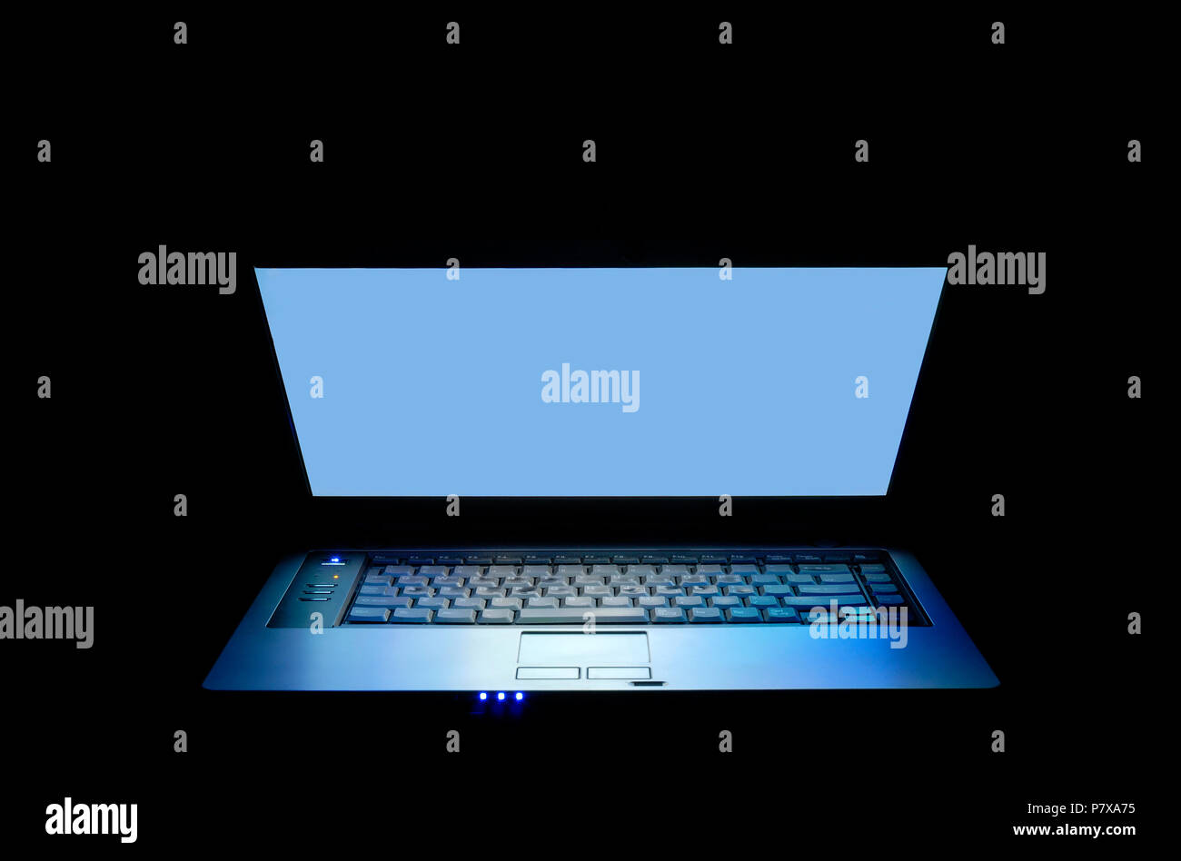 Laptop notebook computer open screen top illuminated at night Stock ...