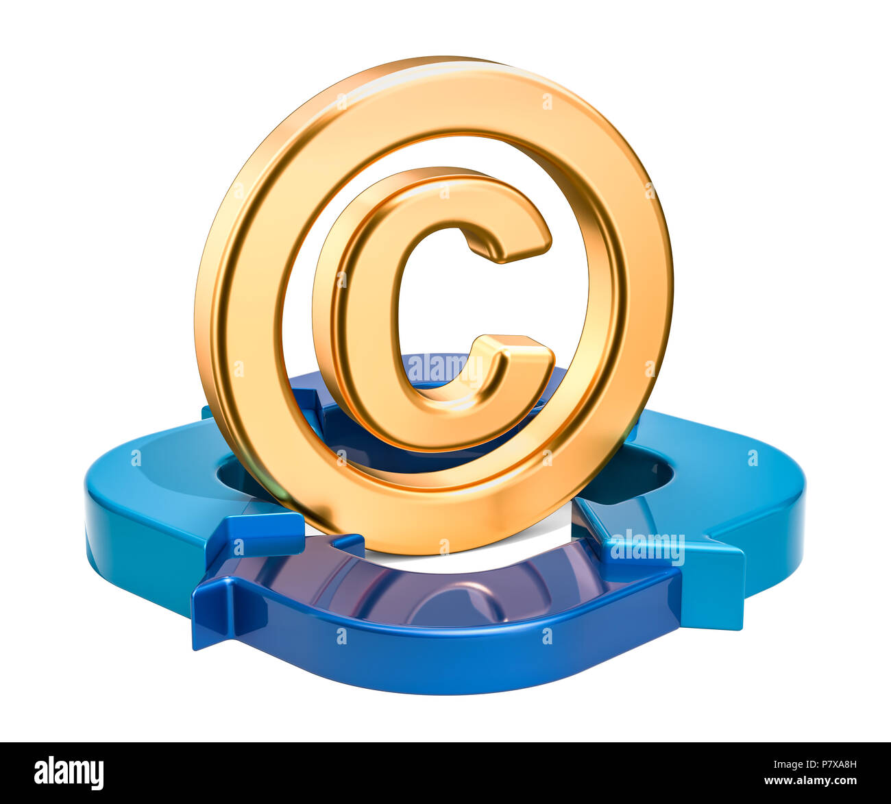 Copyright symbol with blue arrows, 3D rendering isolated on white ...