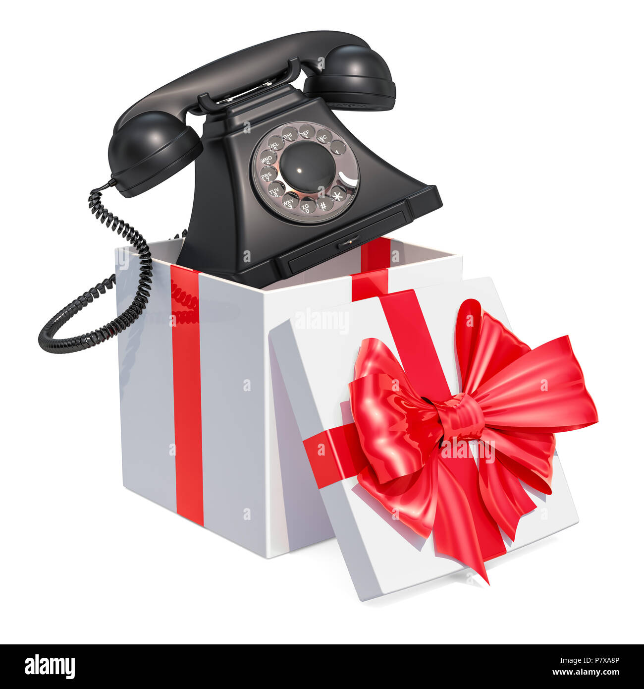 Gift box with retro telephone, 3D rendering isolated on white ...