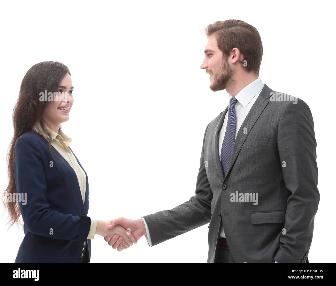 Full-length handshake, business partners, isolated on white back Stock ...