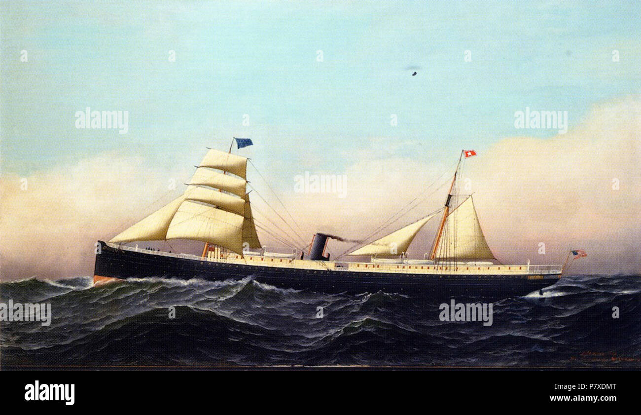 English: A painting of the SS Columbia under full sail and steam in ...