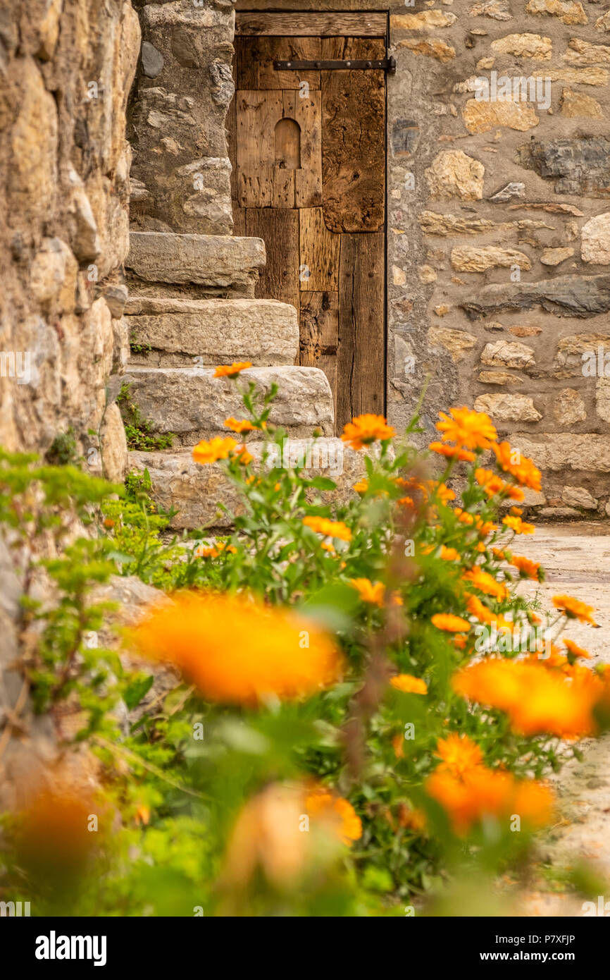 Old wooden house door and stone steps in the winding backstreets of La ...