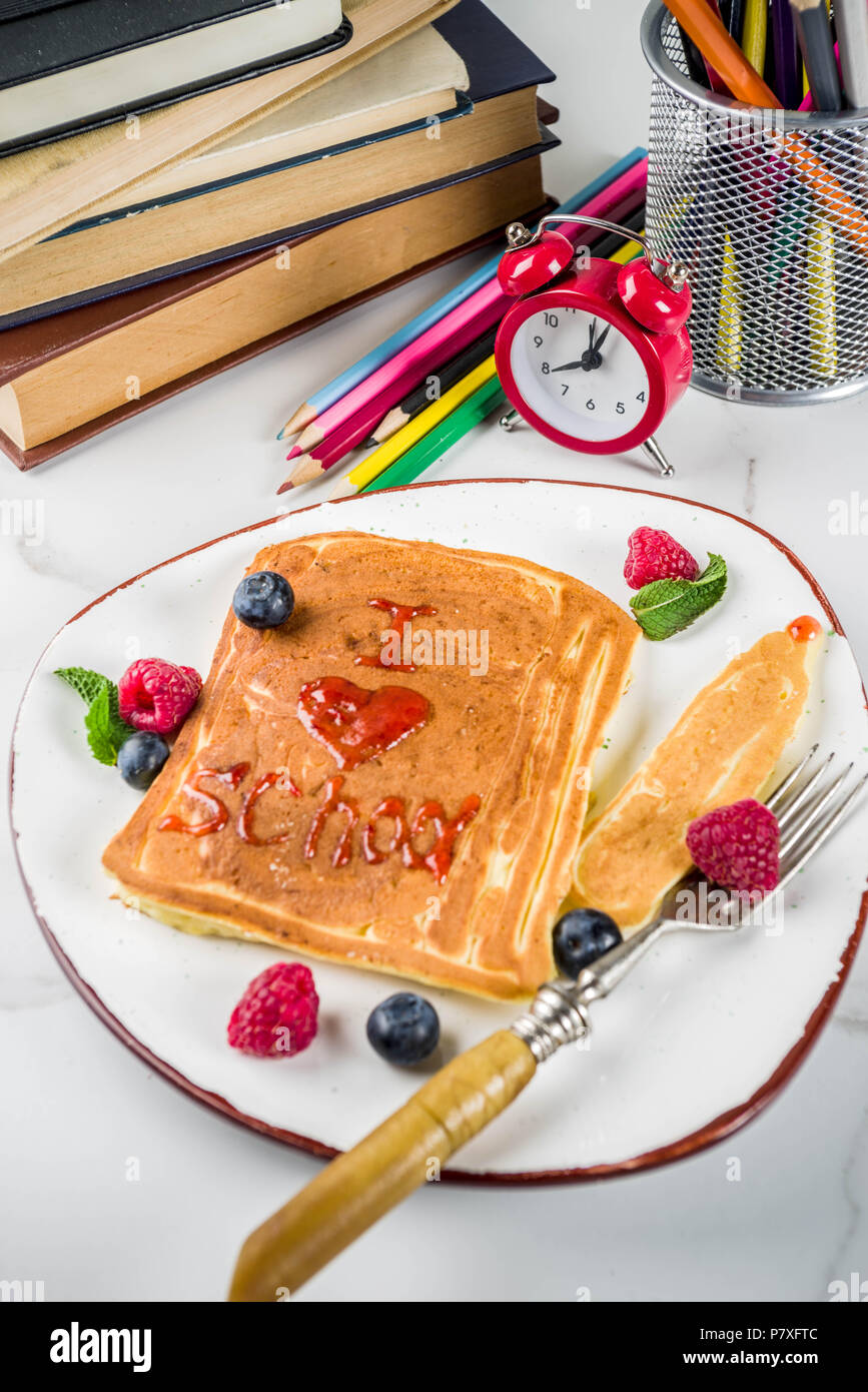 Back to school kids breakfast concept, pancakes with raspberry jam - I ...