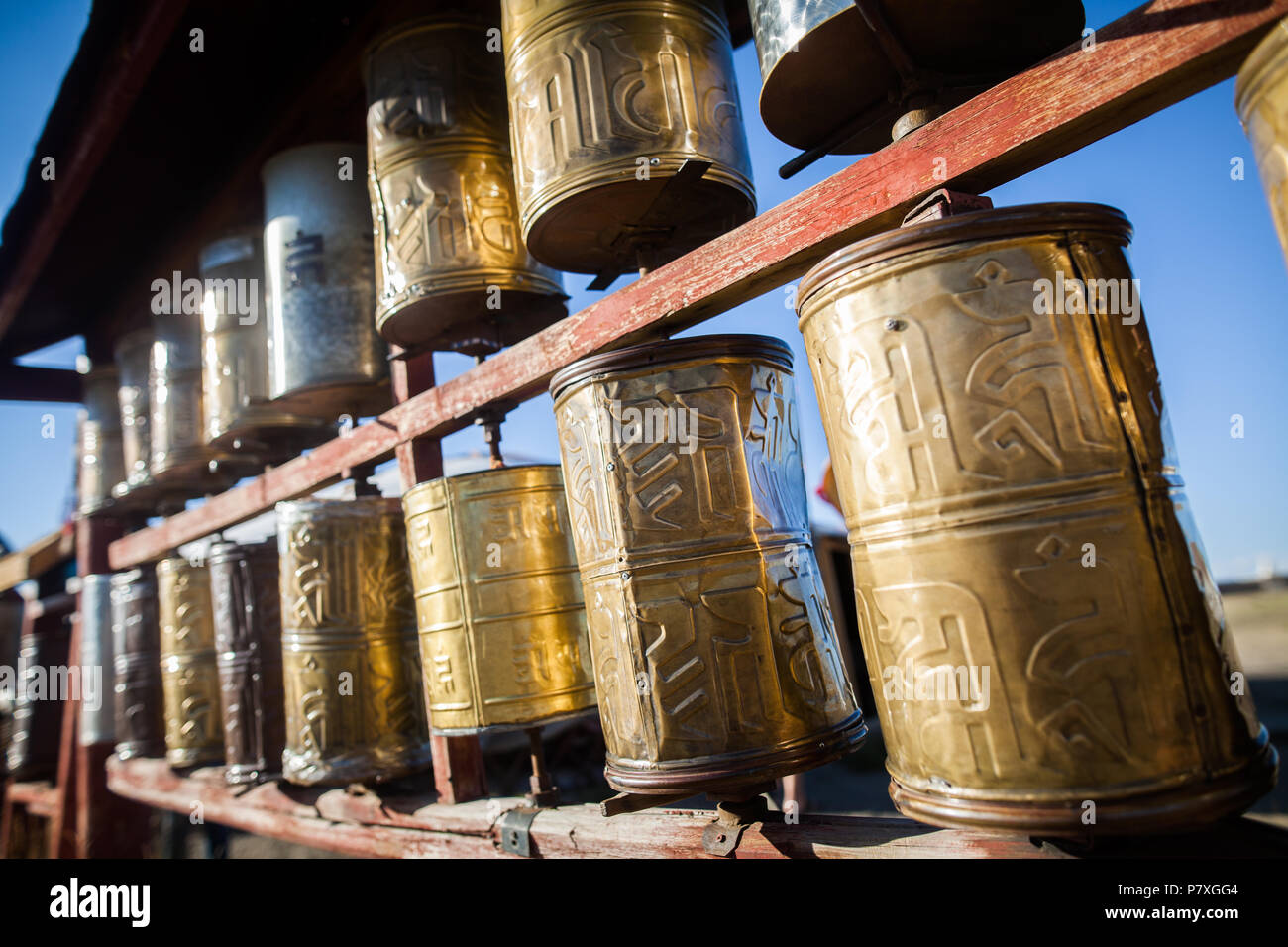Spinning Buddhist prayer drums at a monastery in Mongolia Stock Photo ...