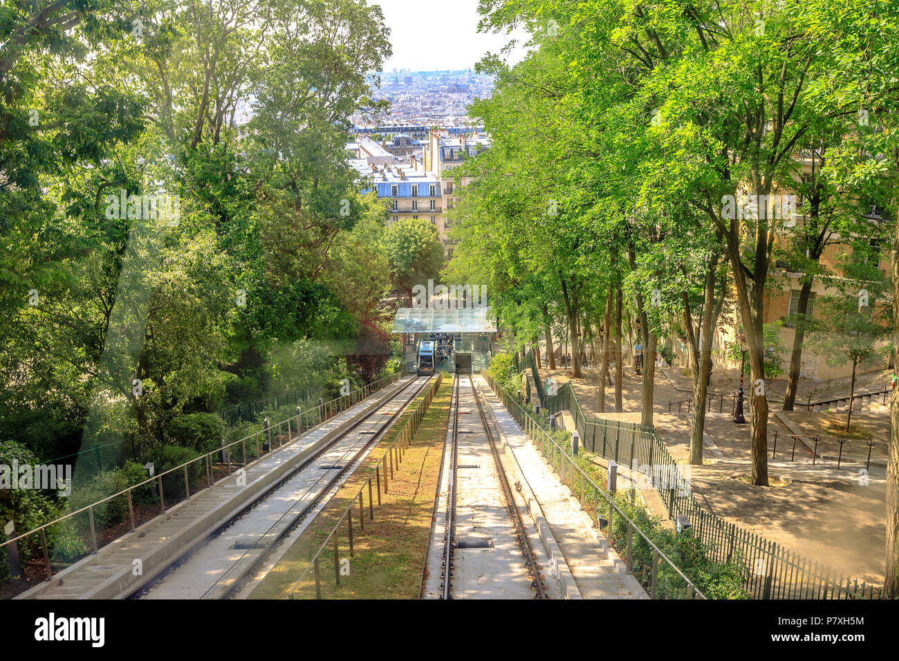 POV panorama of cable car ascending to Basilica the Sacred Heart of ...