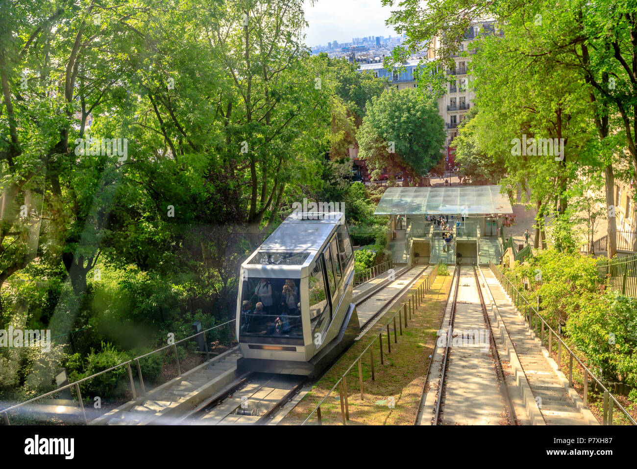 Paris, France - July 3, 2017: POV panorama of cable railway descending ...