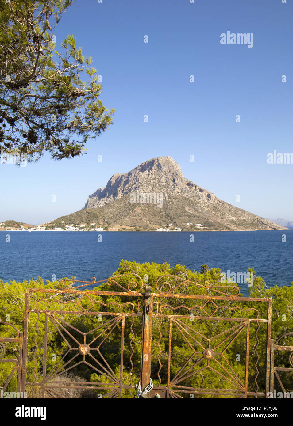 Gate and Railings in Masouri, Kalymnos, Greece. with a view over the ...