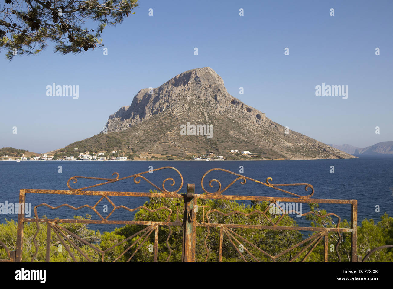 Gate and Railings in Masouri, Kalymnos, Greece. with a view over the ...