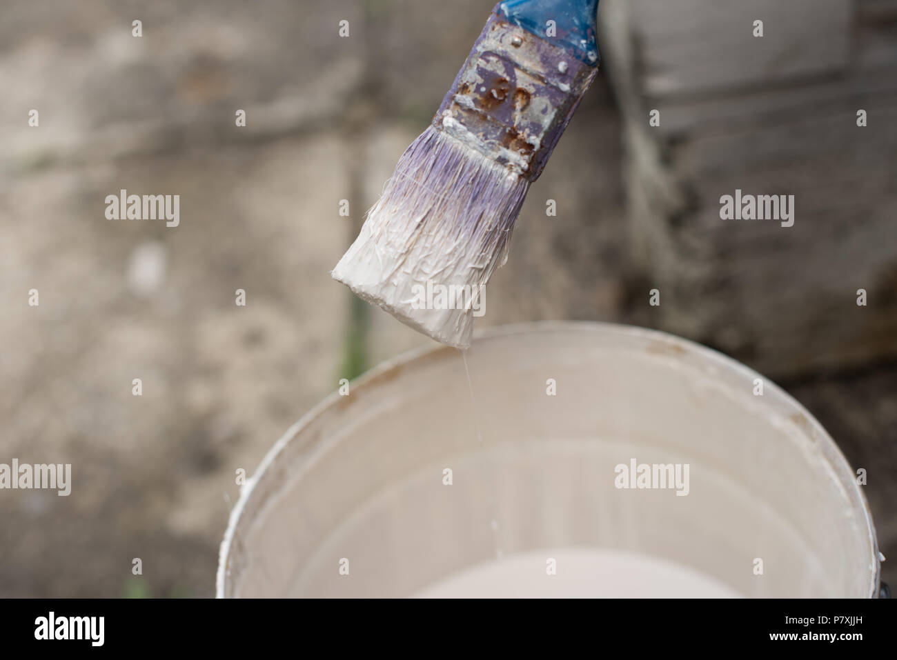 Paintbrush and open bucket with white colour Stock Photo - Alamy