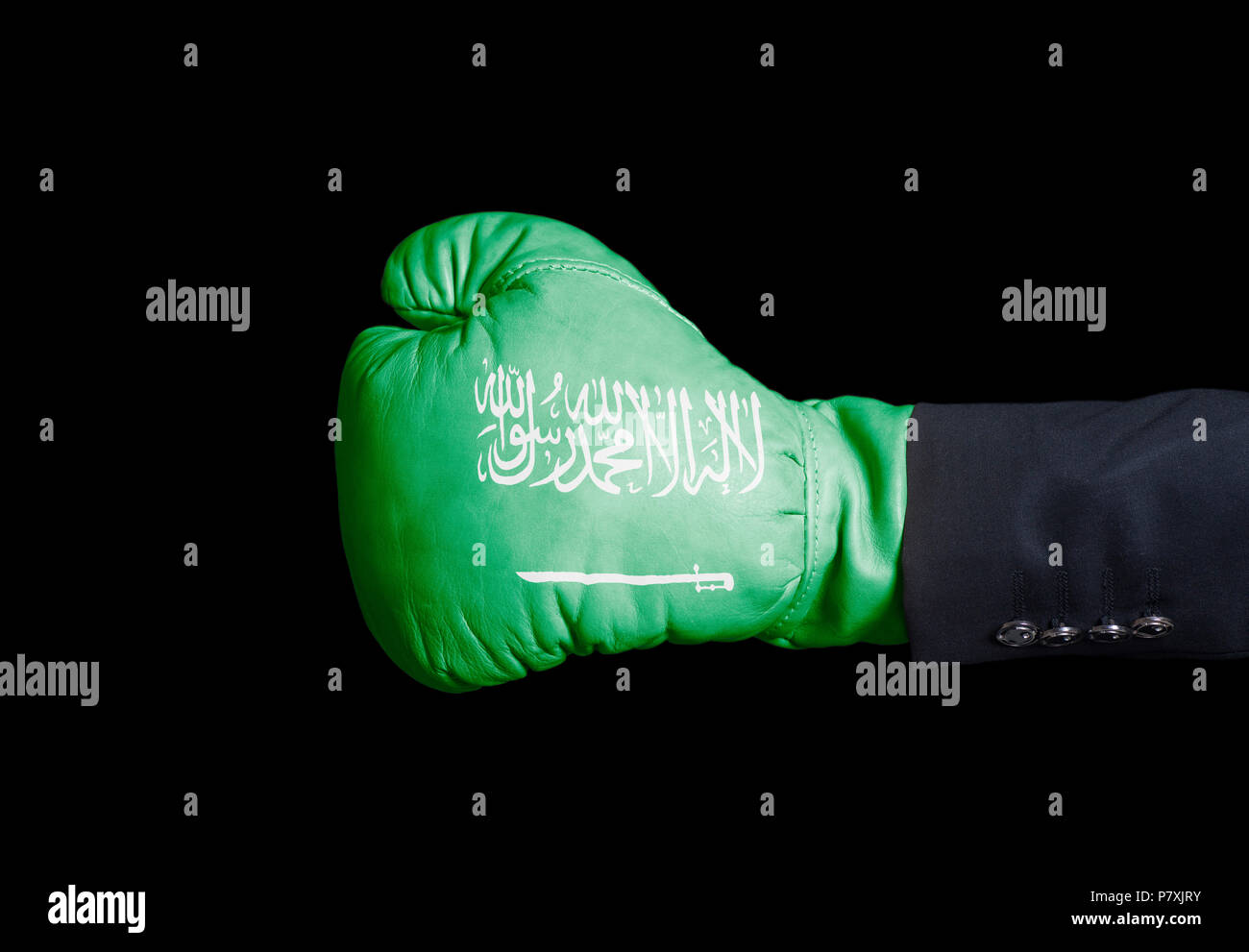 Male hand in Boxing glove with Flag of kingdom of Saudi Arabia on black ...