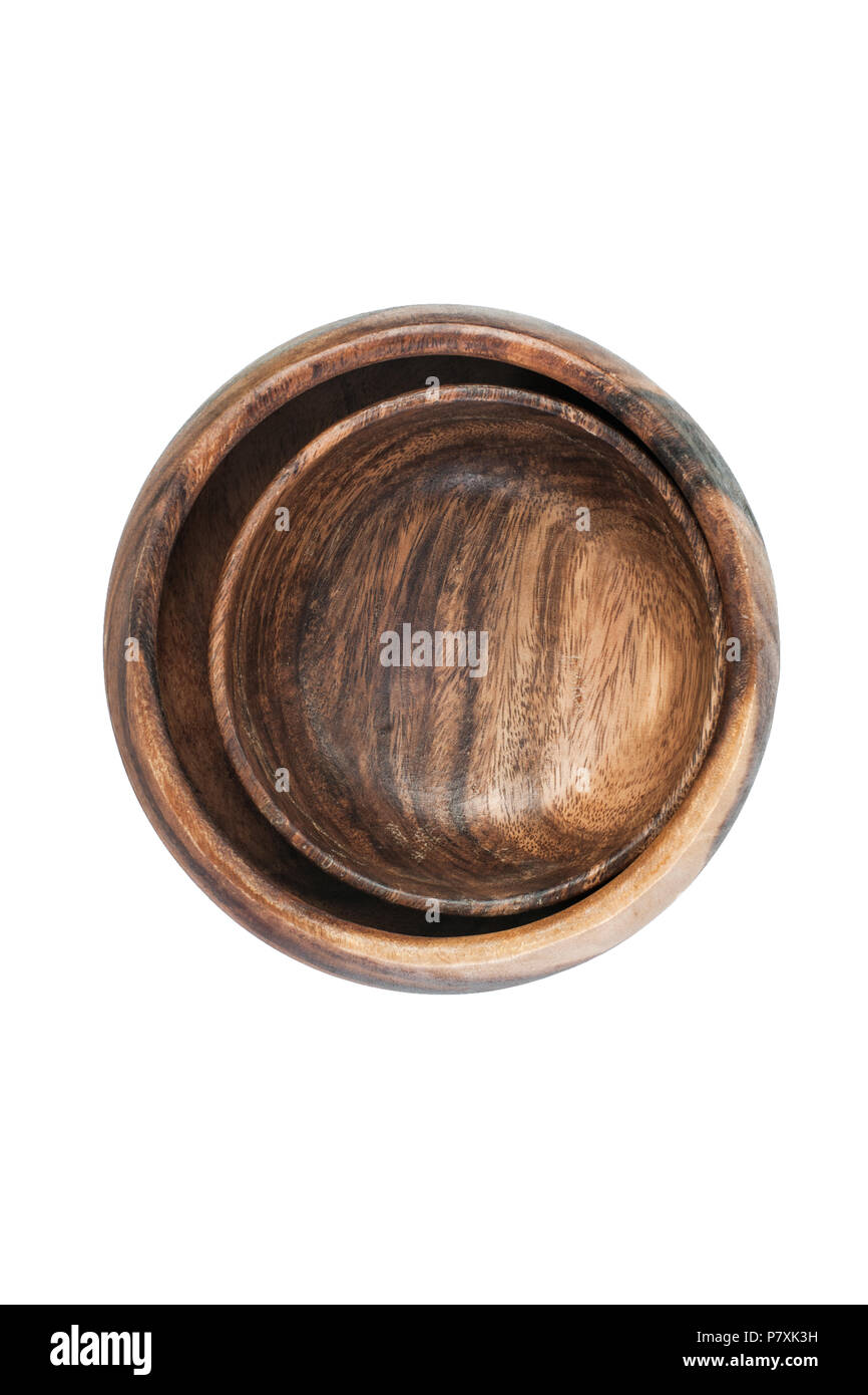Two vintage empty brown wooden bowl isolated on white background Top ...