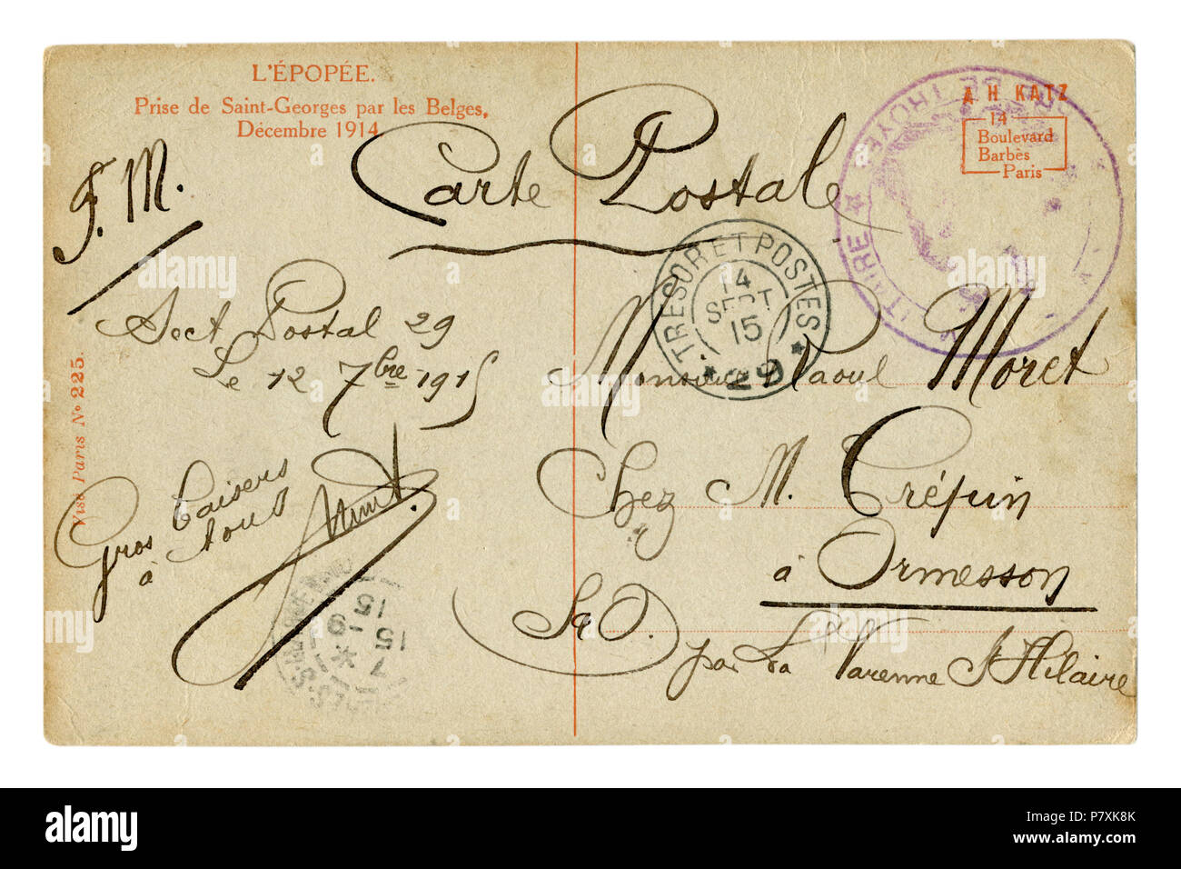 Back of historical French postcard. Beautiful calligraphic handwriting ...