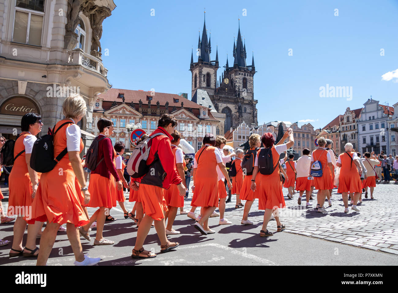 PRAGUE, CZECH REPUBLIC - JULY 1, 2018: Women parading at Sokolsky Slet ...