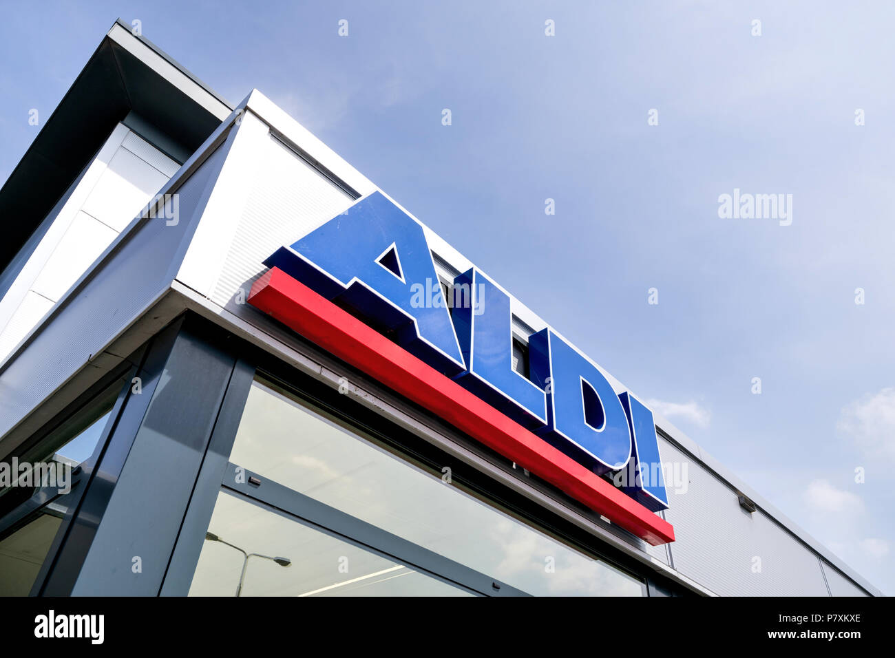 Aldi lettering at branch. Aldi is a leading global discount supermarket ...