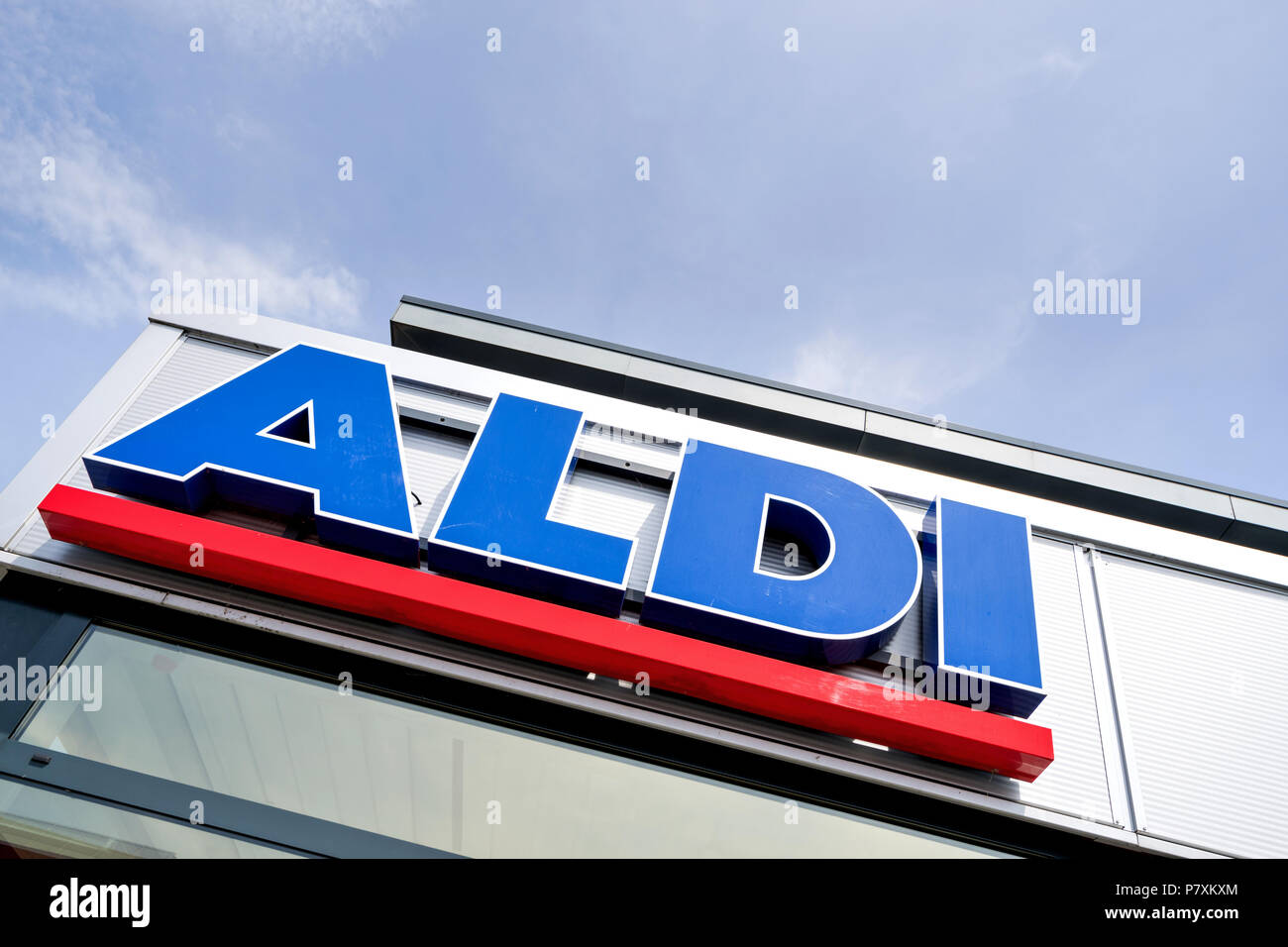 Aldi lettering at branch. Aldi is a leading global discount supermarket ...