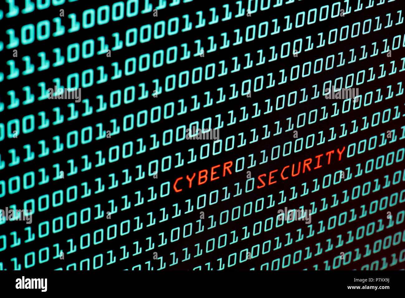 Cyber Security text and binary code concept from the desktop computer screen, selective focus ...