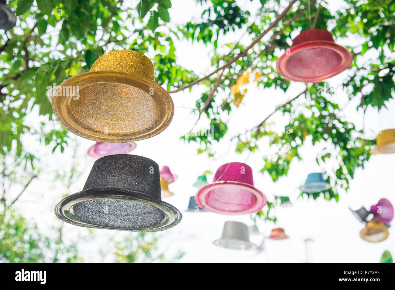 Colorful floating hat under big tree at outdoors park. Object and ...