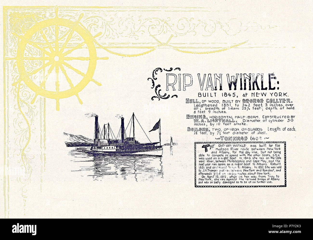 English: Rip Van Winkle, Hudson River steamboat, as rebuilt 1851. 1895 ...