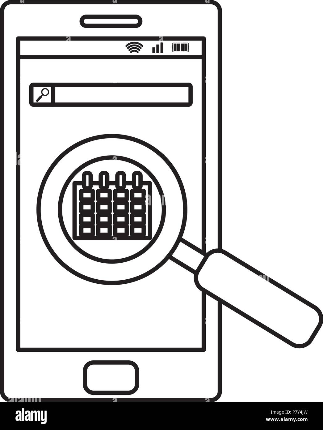 line smartphone technology with magnifying glass and calendar Stock ...