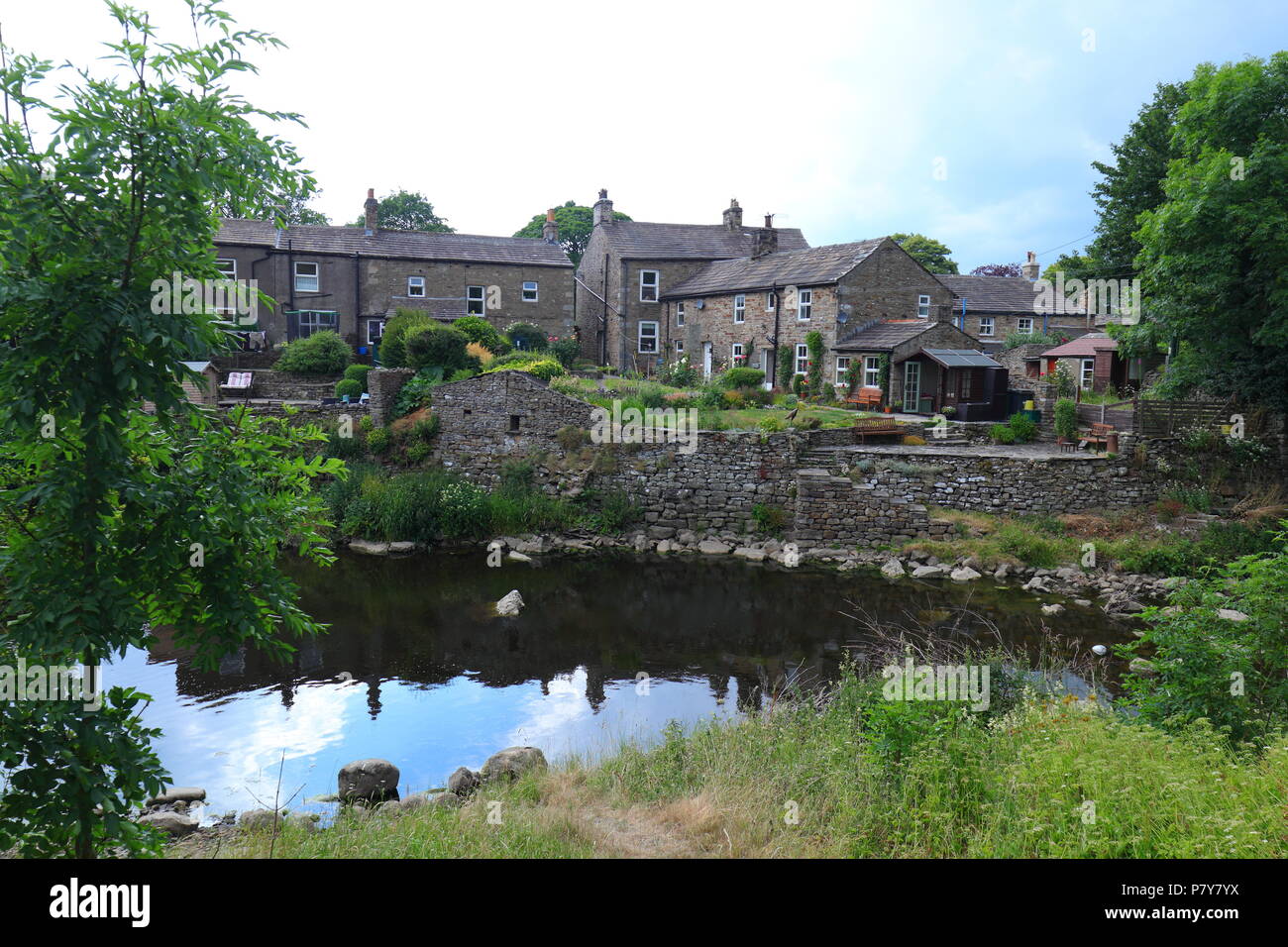 The River Bain with an almost dried up river bed at Bainbridge in the ...
