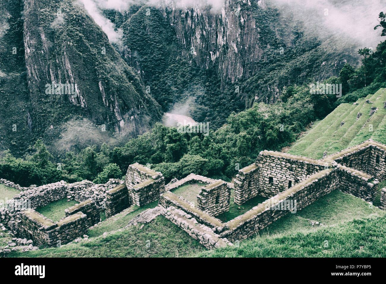 Fog over the ruins and the red water river Stock Photo - Alamy