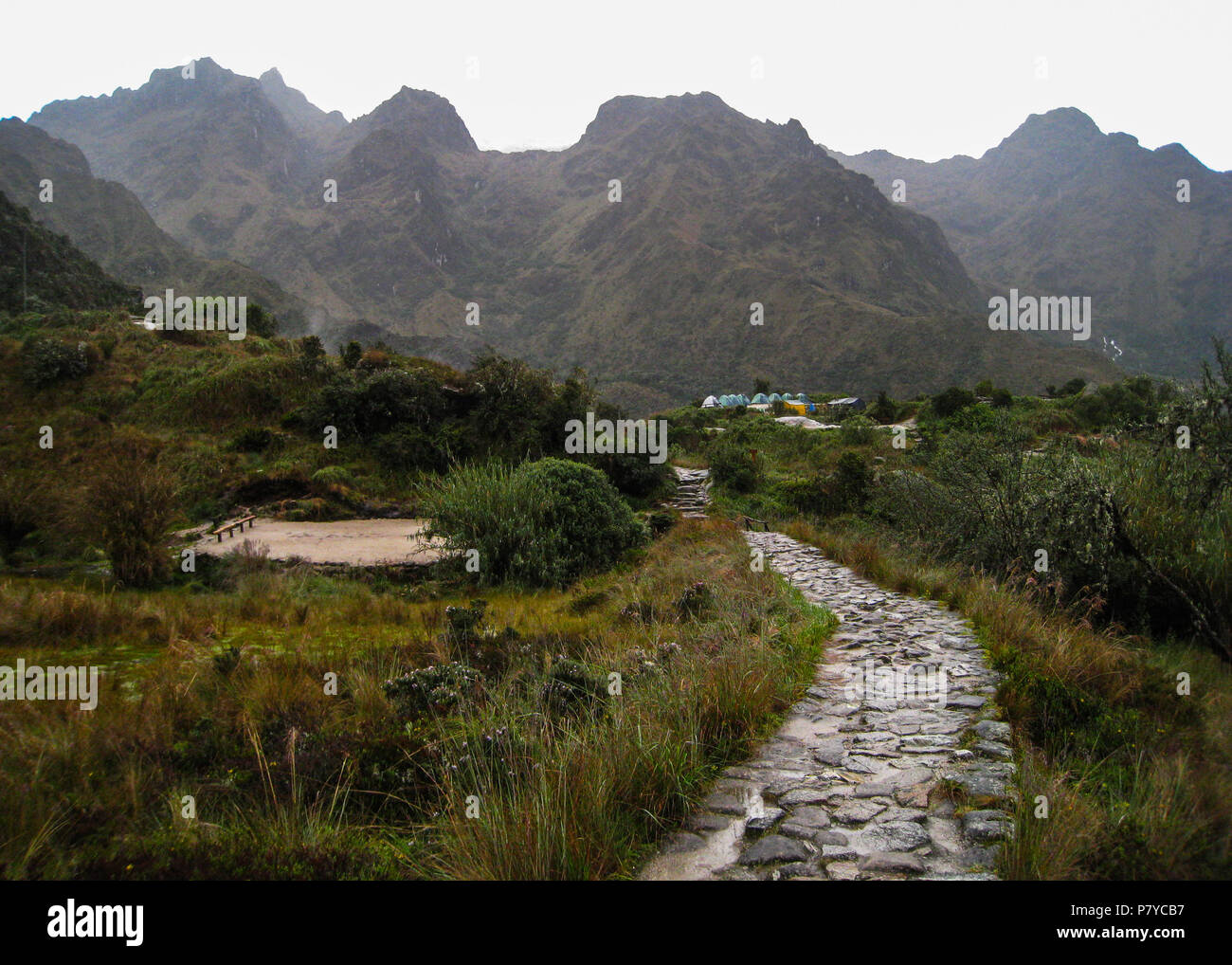 Hike on the ancient Inca Trail paved path to Machu Picchu. Peru. No ...