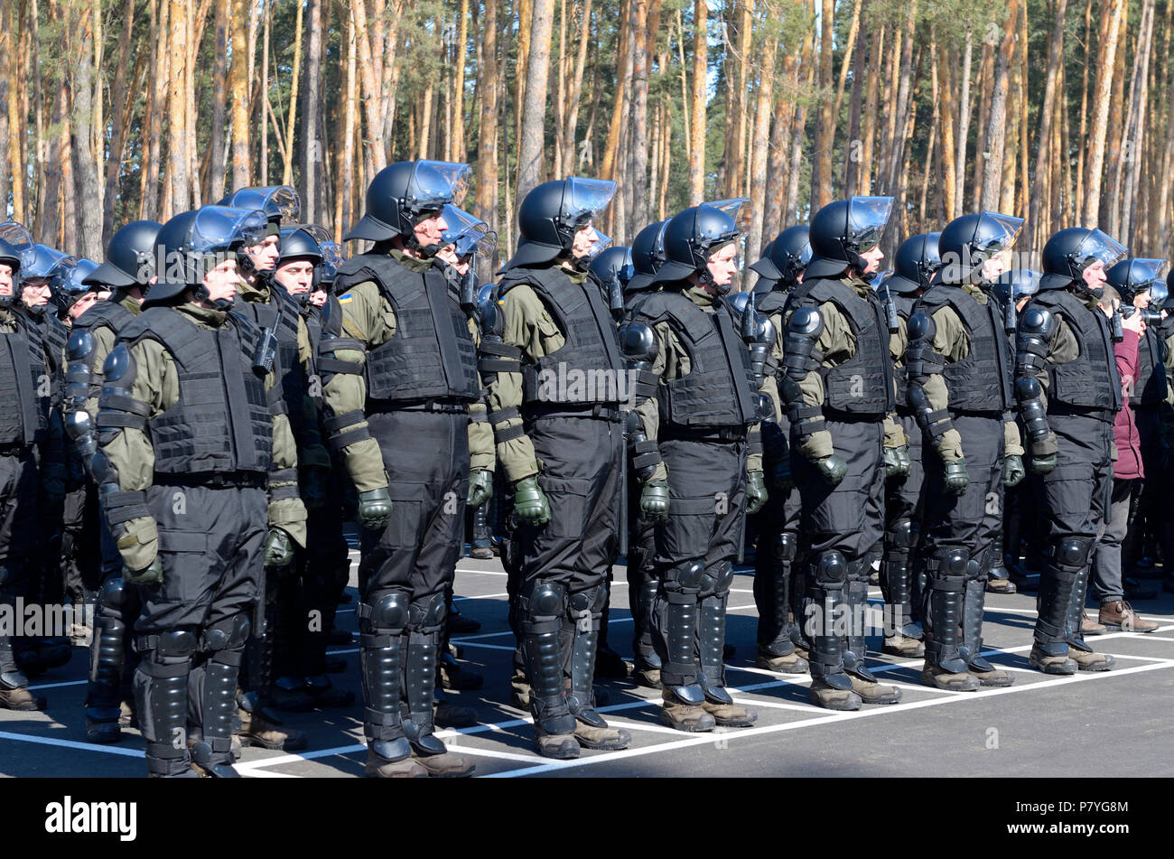 Soldiers of Ukrainian National guard standing in the line on the parade ...