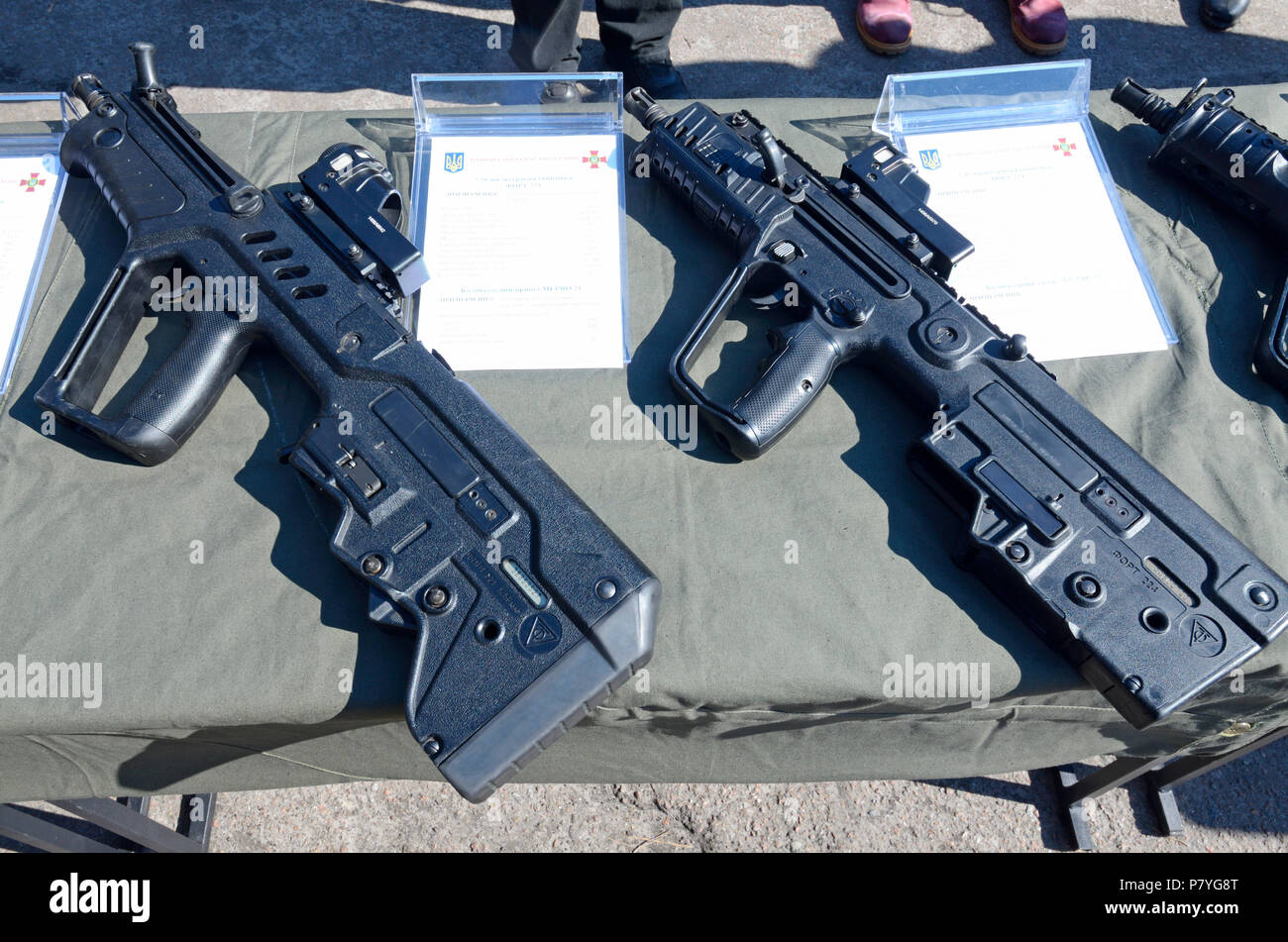 An assault rifles “Fort” (made in Ukraine) laying on the stand. March ...