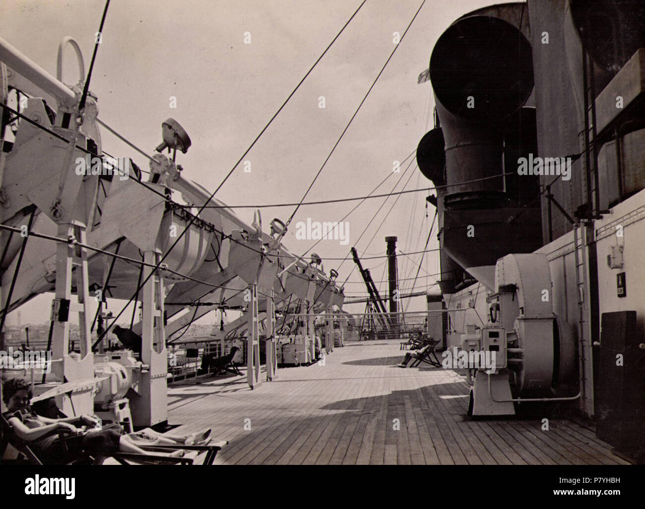 PBlack and white photo of the boat deck on the P&O cruise liner RMS ...
